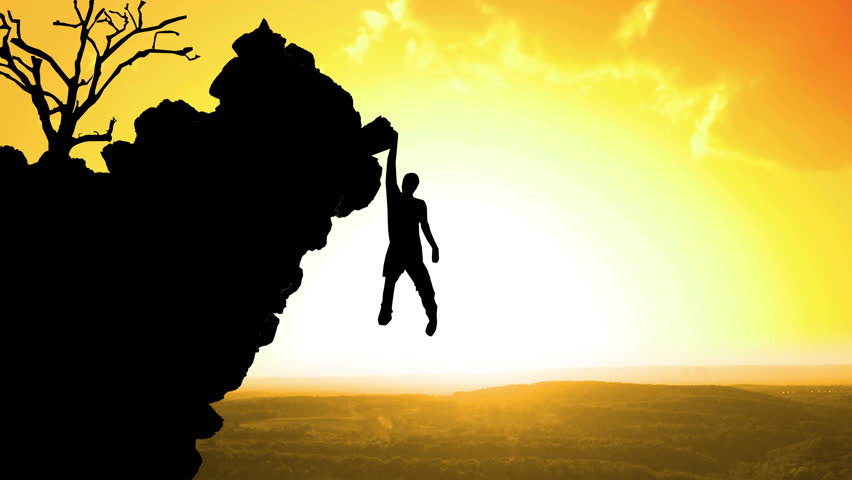 Rock Climber Hanging Off Cliff Silhouette At Sunset Animation Stock ...
