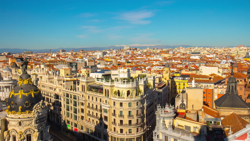 Madrid Sun Gran Via Traffic Metropolis Crossroad Roof Panorama 4k Time ...