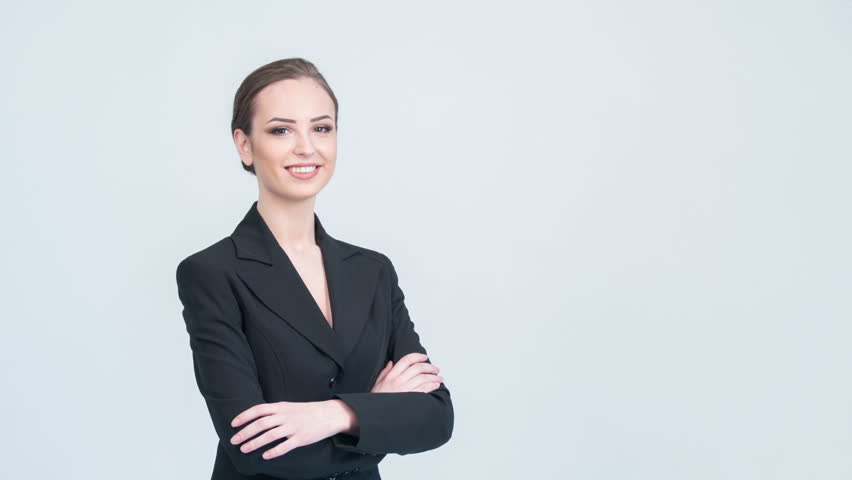 Modern Professional. Pretty Lady In Suit On Isolated Background Posing ...
