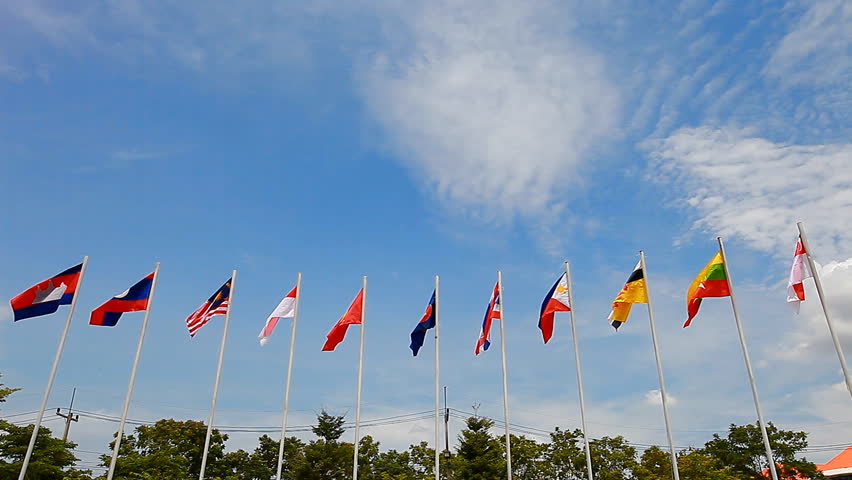 National Flags Of Southeast Asia Countries ( ASEAN ) Waving Atop, Blue ...