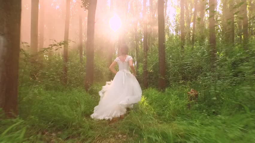 Fairy Tale Princess Bride Walking In Enchanted Forest Sunset Rays Bride ...