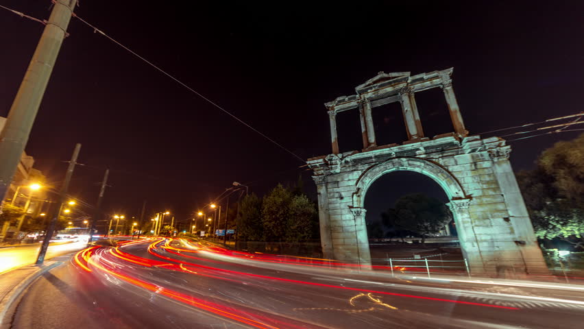 4K Athens Gate Of Hadrian Roman Ruins Night Traffic Timelapse In Athens ...