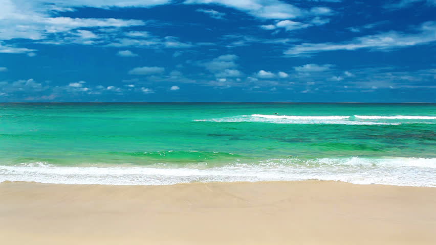Tropical Beach. Ocean Waves And Cloudy Sky Background. White Sand And ...