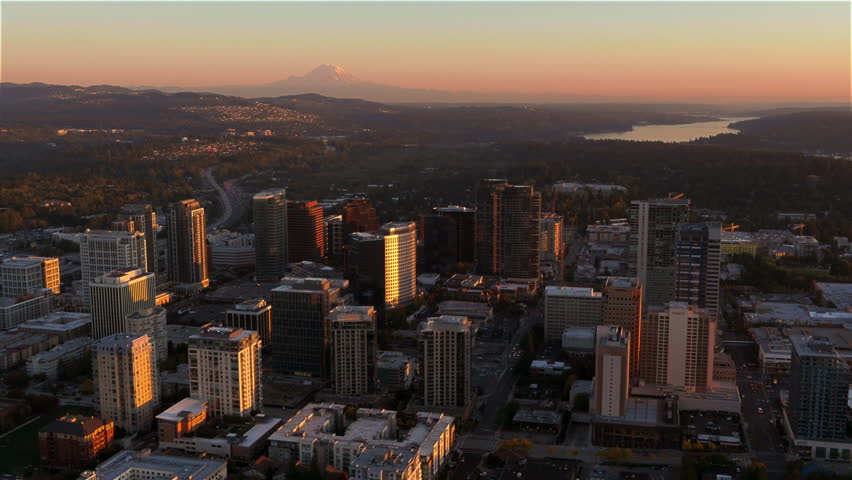 City Of Bellevue, Washington Aerial View At Dusk With MT Rainier In ...