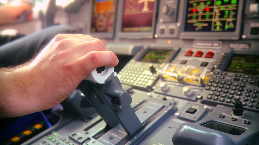 Pilot Push Thrust Lever Handle For Takeoff A Plane In The Cockpit Slow ...