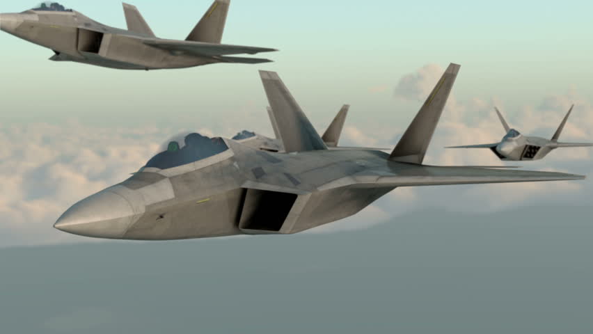 American Military Fighter Plane.Jet Plane F-22 Raptor. Fly In Clouds ...