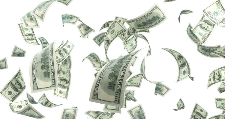 An Array Of American One Hundred Dollar Bill Notes Falling Through The ...