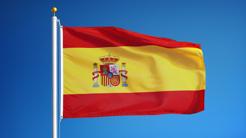 Spanish Flag Flying On A Flagpole Against The Blue Sky Stock Footage ...
