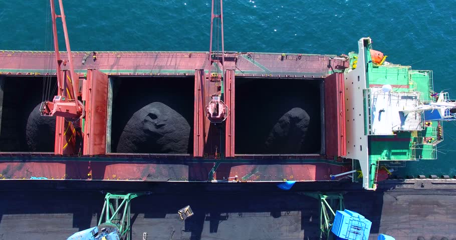 Aerial Zooming In View Of The Process Of Coal Loading Into Bulk Cargo ...