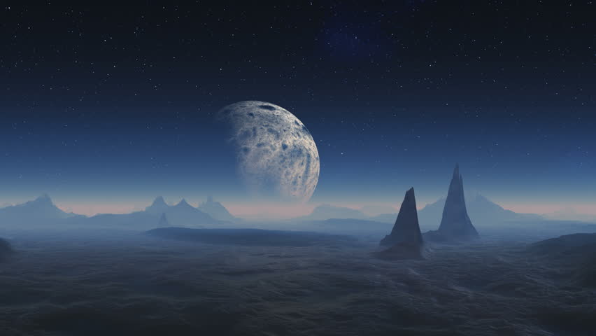 Alien Planet, Moon, And Nebula. The Camera Flies Over Mountains And ...