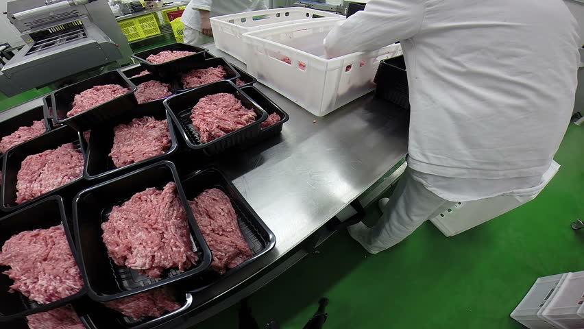 Employee Works At Meat Packaging Line. Raw Fresh Meat In Vacuum And Gas ...