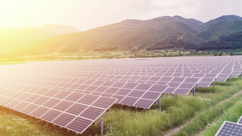 Beautiful Sunset Over Solar Panel Farm Aerial Drone Footage Ecology ...