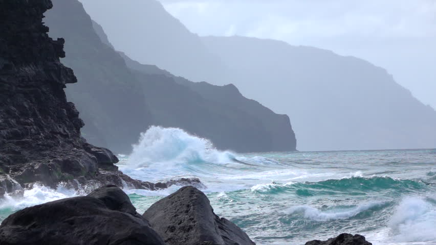 SLOW MOTION: Angry Sea Splashing Into Shore In Windy Summer Stock ...