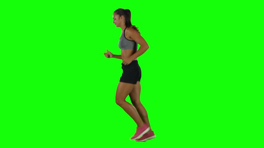 Woman Running In A Full Body Sideways Shot. Green Screen. Slow Motion ...