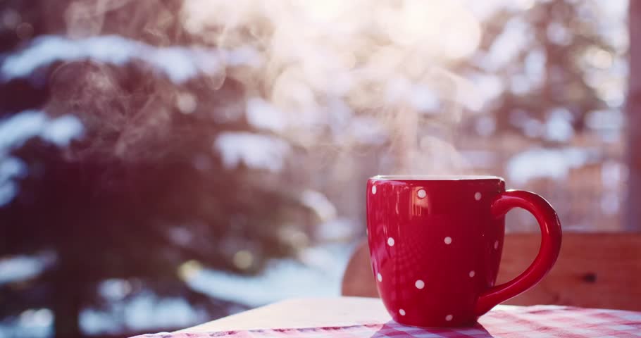 Steaming Cup Of Hot Coffee Or Tea Standing On The Outdoor Table In ...