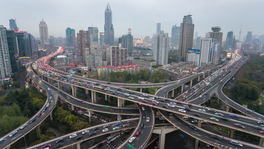 Shanghai City Traffic Road Junction Roof Top Panorama 4k Time Lapse ...