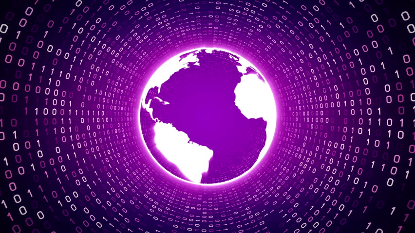 White Globe Icon With Continents Form White Binary Tunnel On Blue Background. Seamless Loop ...