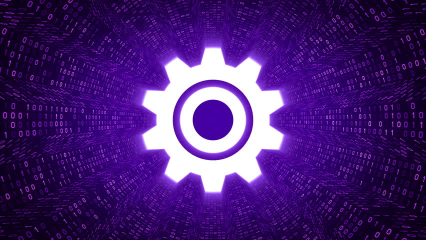 White Gear Icon Form Yellow Binary Tunnel On Orange Background. Digital Technology Concept ...