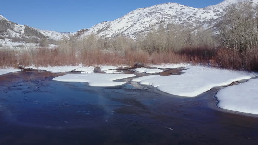 Aerial View Of Winter Mountain River Surrounded By Trees And Banks Of ...