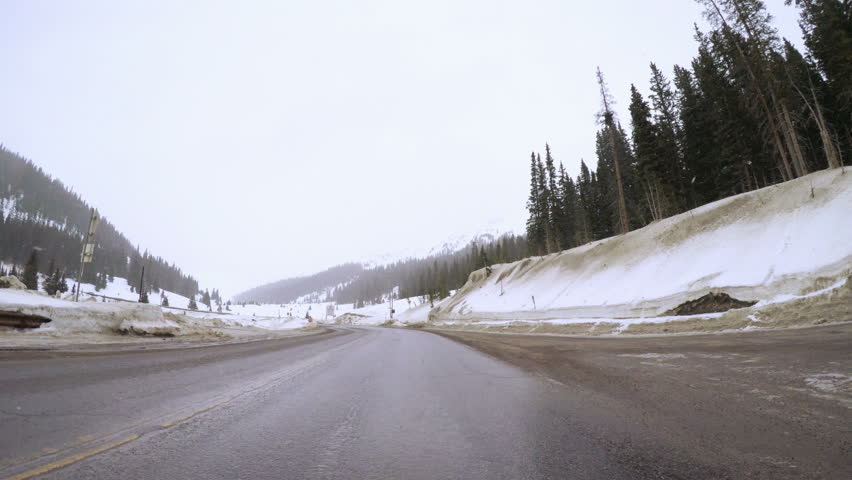 Winter Mountain Road Snow Fast Motion. Driving A Car On Rural Country ...