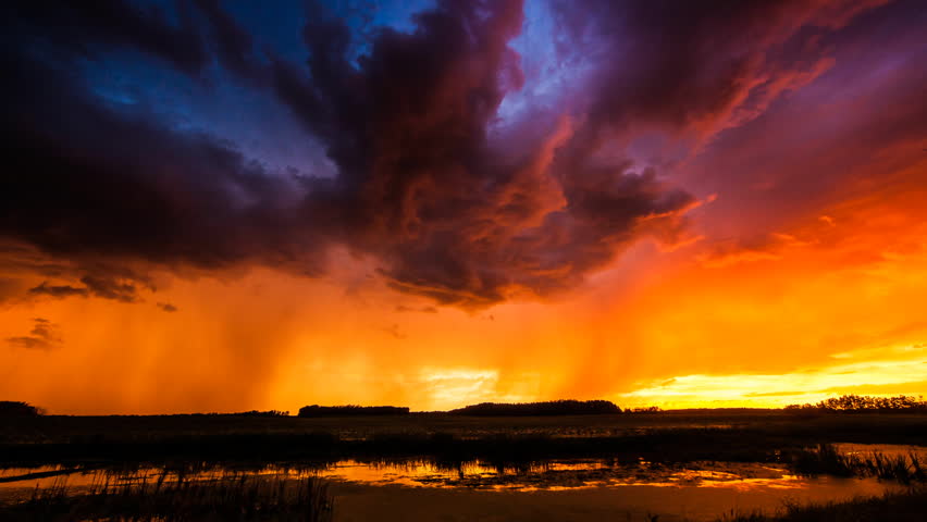 Apocalyptic Sunset And Clouds Over Forest Lake, Timelapse Stock Footage ...