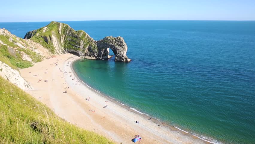 Aerial View Of Beach And Rocks In Dorset County, England, UK. People ...