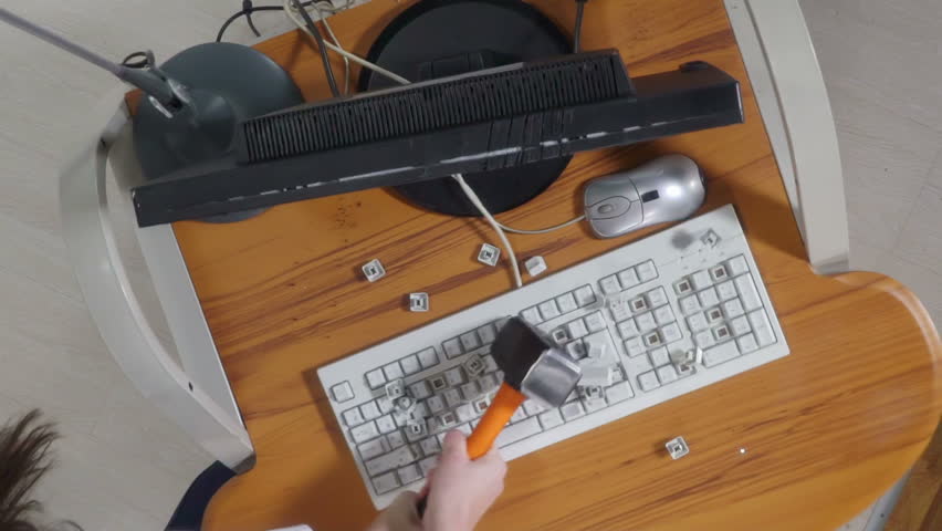 Angry Woman Office Worker Destroying Desktop Computer With Sledgehammer ...