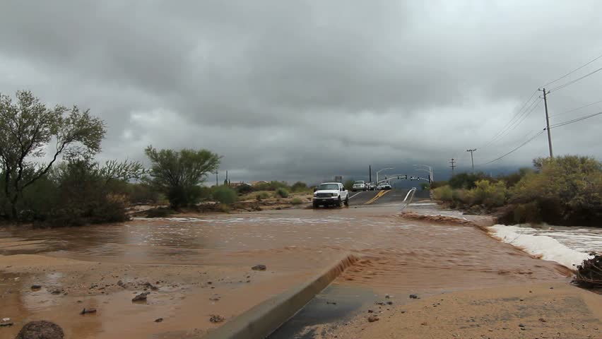 Lights Flashing, Police Rescue Vehicle Drives Through Flash Flood, On ...