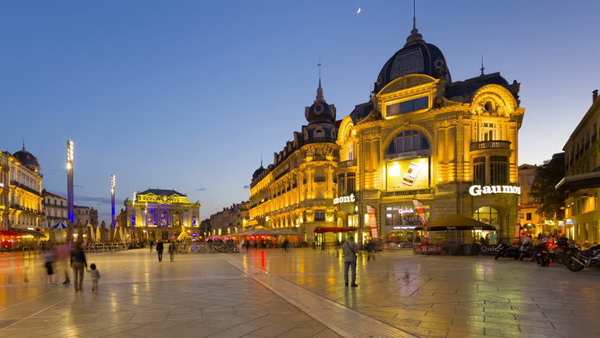 MONTPELLIER, FRANCE - MAY 22, 2015: People Are Walking On The Night ...