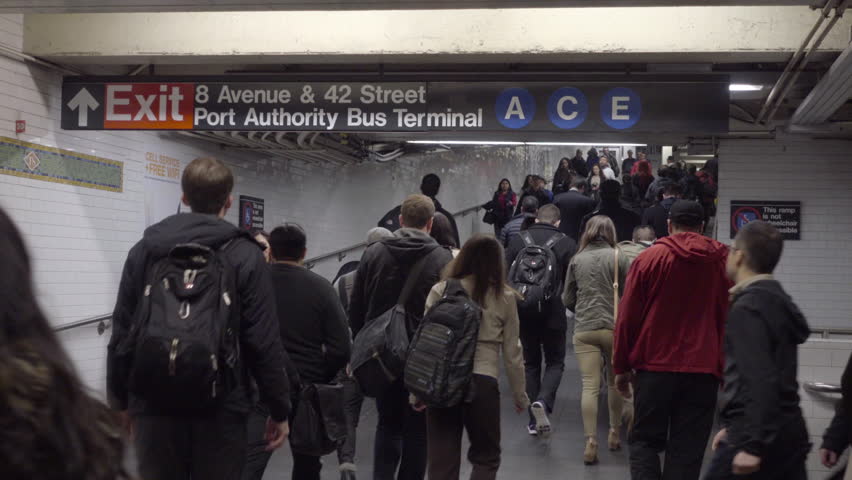 NEW YORK - FEB 24, 2017: Crowded Port Authority Subway Train Station A ...