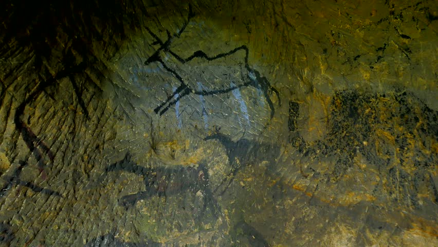 Discovery Of Prehistoric Paint Of Caveman Hunt In Sandstone Cave. Paint ...