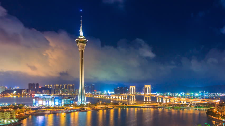 Macau Tower And Macau Bridge Day To Night Time Lapse Of Macau China ...