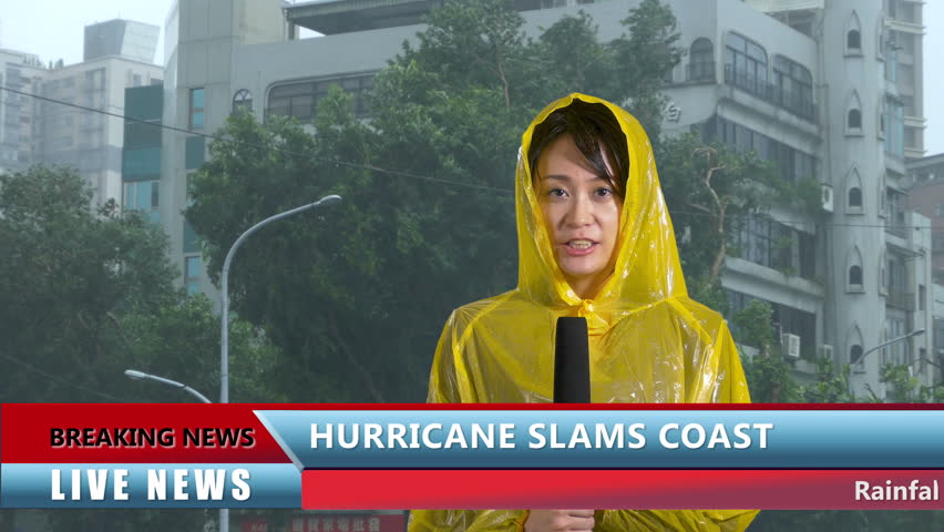 Asian American Female TV Weather Reporter Reporting On Typhoon With ...