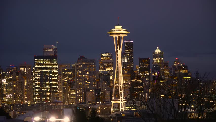 Shot Of Space Needle Tower Lit Up At Night In Seattle United States ...