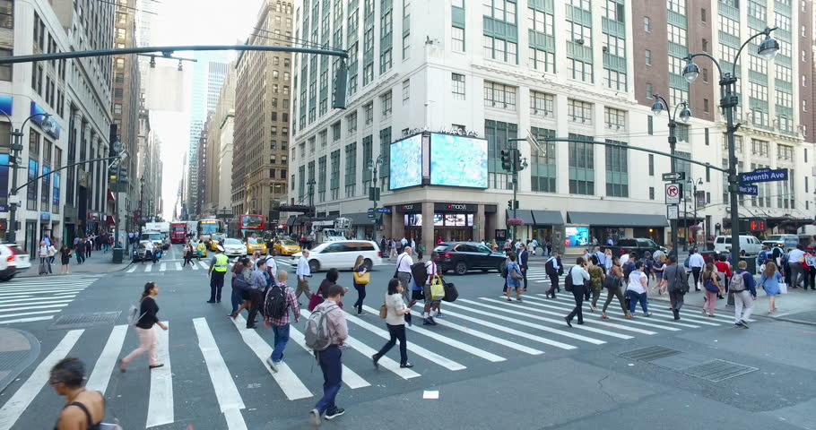 New York City, Circa 2017: Pedestrians Cross Busy Manhattan Crosswalk ...