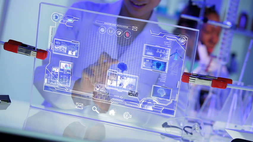 Montage Images Asian Chinese Medical Researcher Using 3D Touch Screen ...