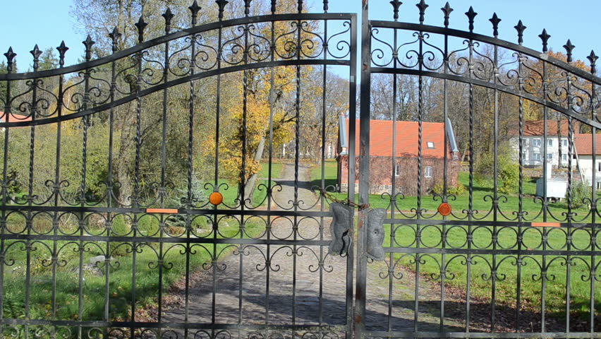 Retro Steel Metal Gates To Autumn Park And Old Architecture Buildings ...
