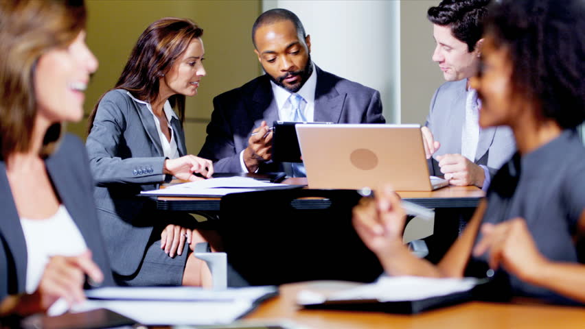 Multi Ethnic Business Groups Holding Meetings City Building Atrium Shot ...