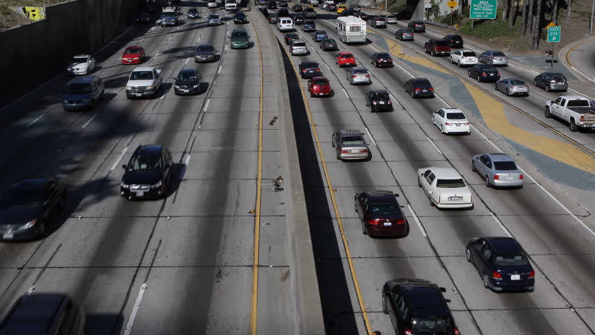 Rush Hour Busy City Day Traffic Jam Crowded On Freeway In Downtown Los ...