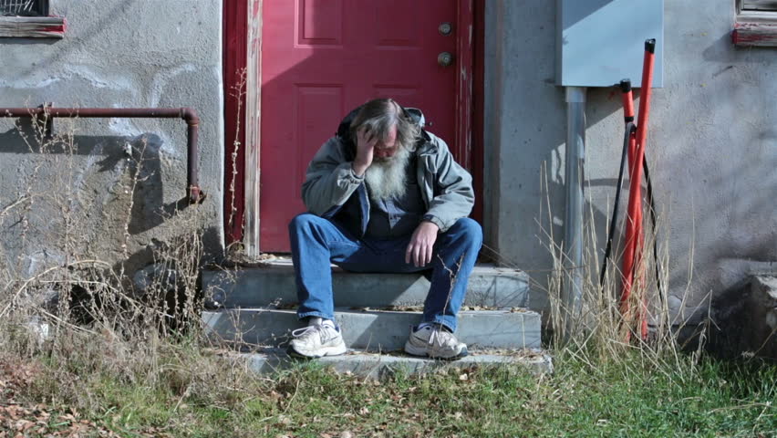 Sad Poor Homeless Man Long Hair And Beard HD. Red Plaid Jacket And Red ...
