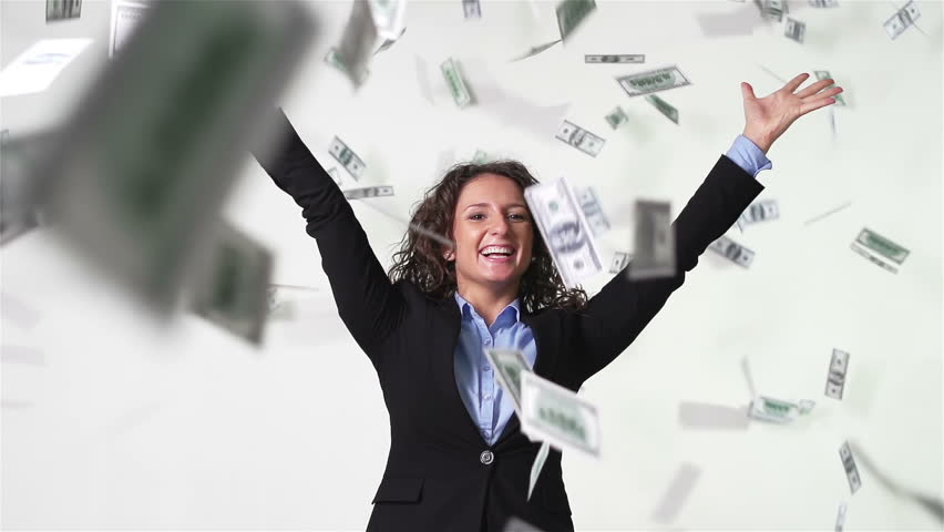 Happy Woman Jumping And Throwing Money Into The Air Outdoors. Slow ...