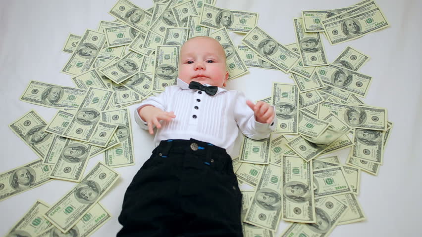 Rich Happy Caucasian Baby Boy Kid, Toddler Child Among Many Money ...