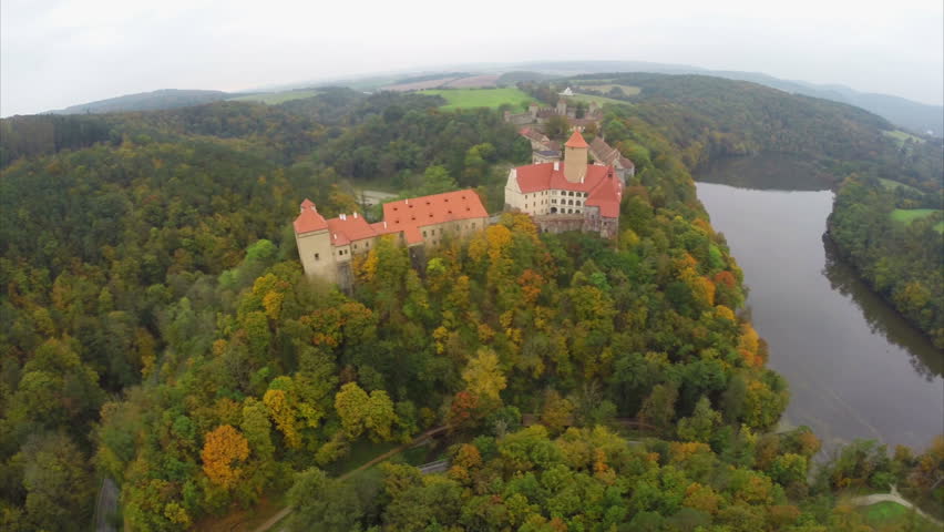 11 Century European Castle With Red Rooftops, Aerial Shot Stock Footage ...