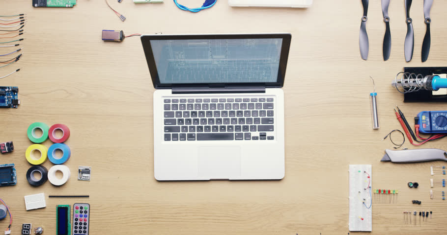 Top View Software Engineer Drinking Coffee Using Laptop Computer At ...