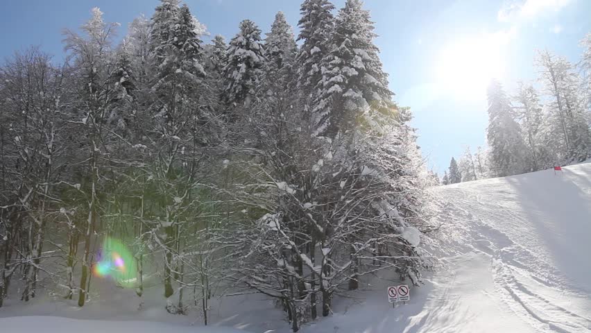 Footage Of A Winter Scene, A Ski Slope At A Mountain/Winter Vacation ...