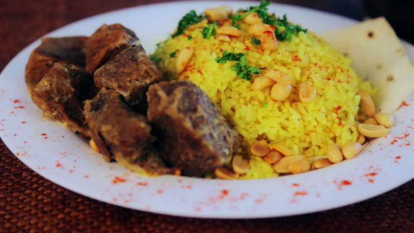Food, Boiled Rice With Meat And Peanuts. Arabic Pilaf With Meat Sauce ...